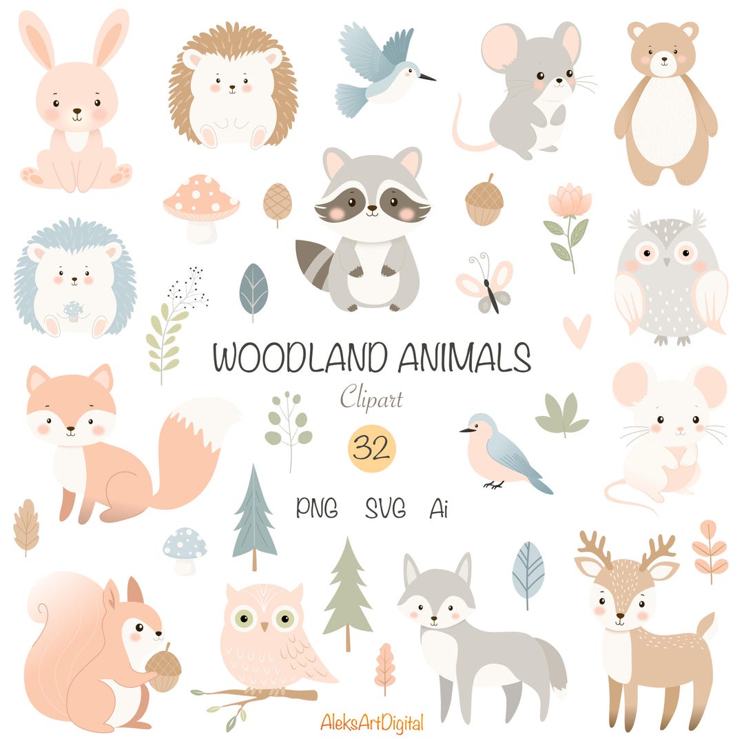 Woodland Animals Digital Clip Art in Pastel Colors SVG Bundle of Cute ...