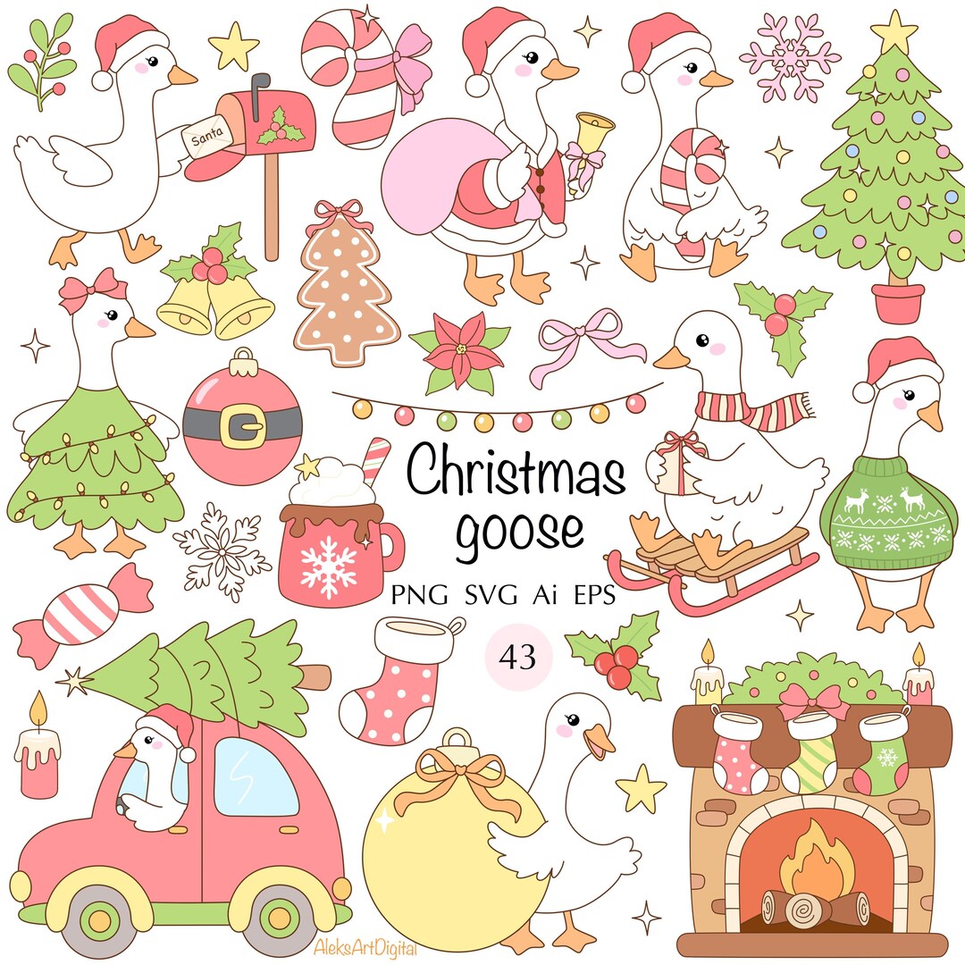 Christmas Goose Clipart Set, Hand Drawn Holiday Elements (digital ...