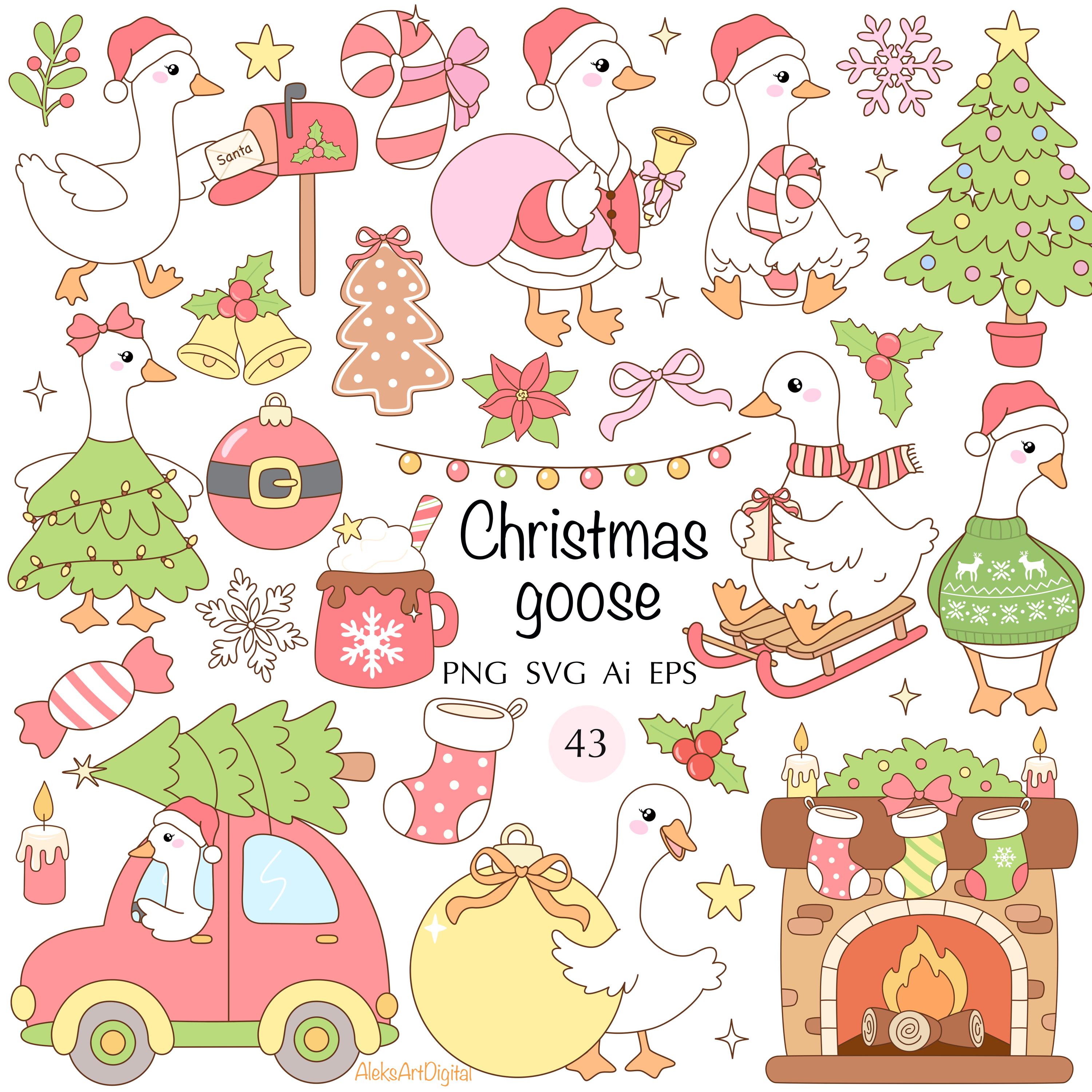 Christmas Goose Clipart Set, Hand Drawn Holiday Elements (digital ...