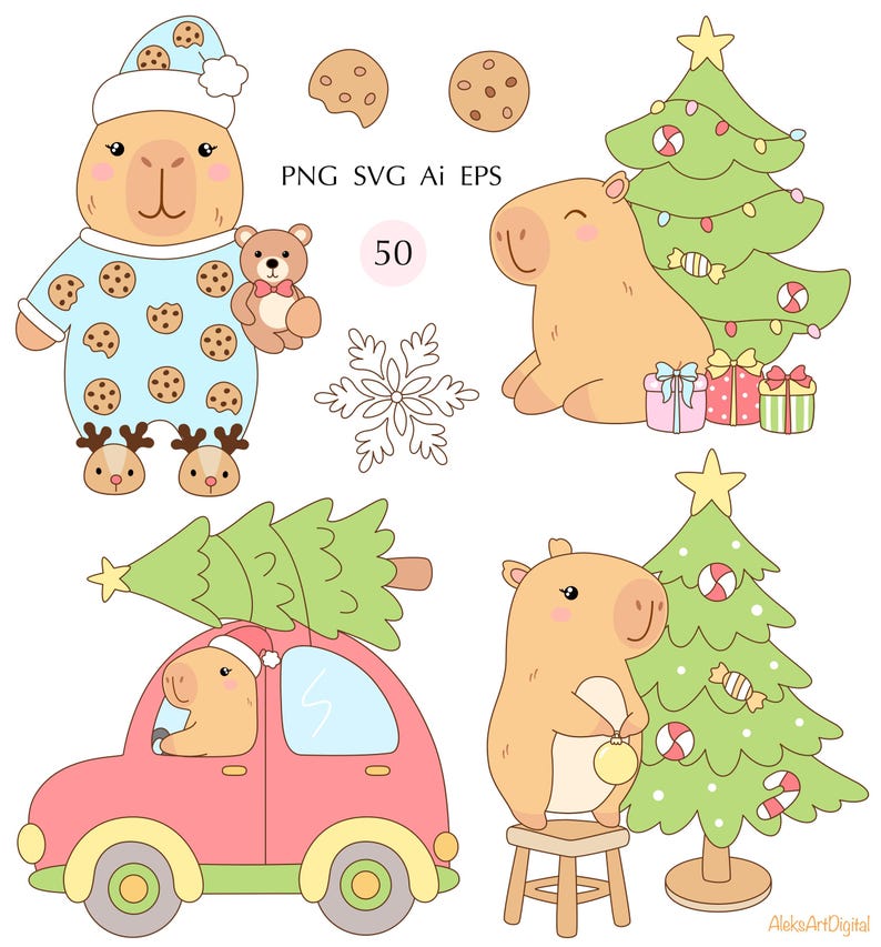 Christmas Capybara Clipart, Cute Holiday Animals, PNG SVG EPS Ai ...