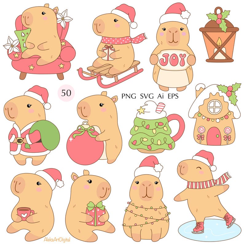 Christmas Capybara Clipart, Cute Holiday Animals, PNG SVG EPS Ai ...