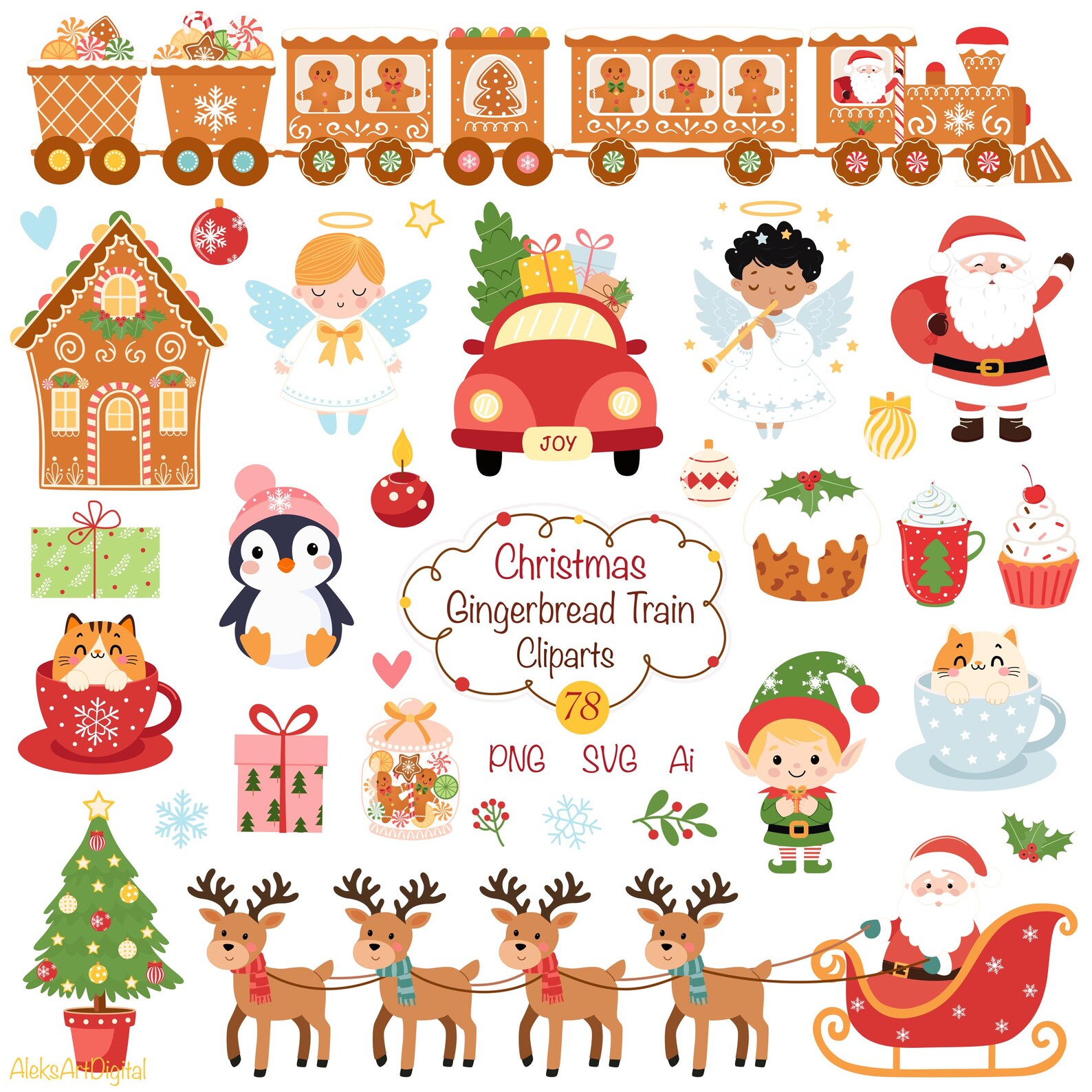 Gingerbread Train Christmas Clipart SVG Vector Set of Cute New Year ...