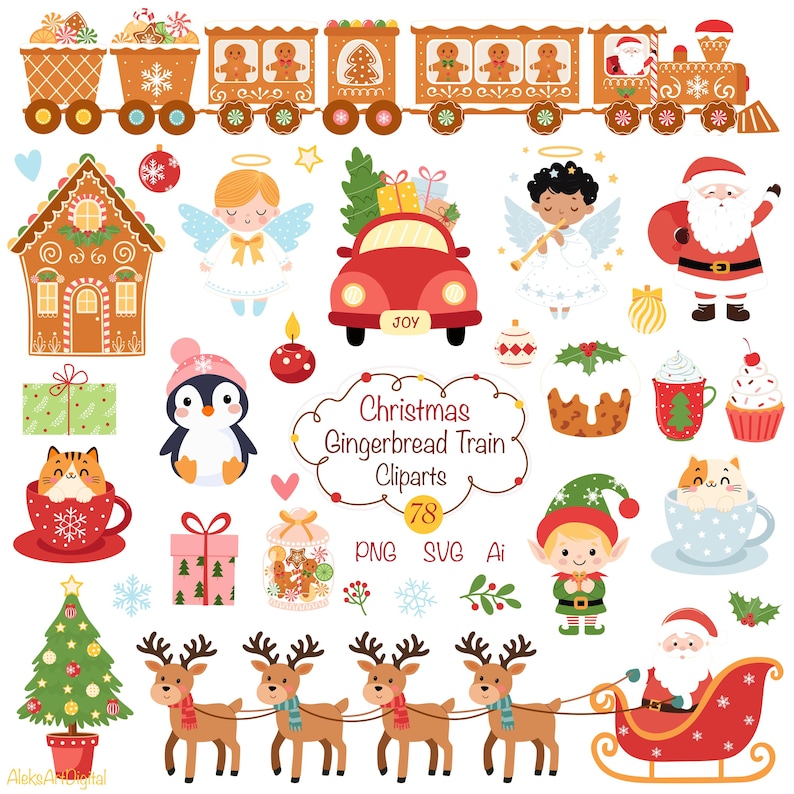 Gingerbread Train Christmas Clipart SVG Vector Set of Cute New Year ...
