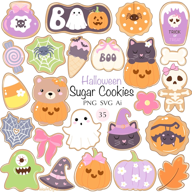 Halloween Sugar Cookies Clipart PNG SVG Ai Cute Kawaii Digital Stickers ...