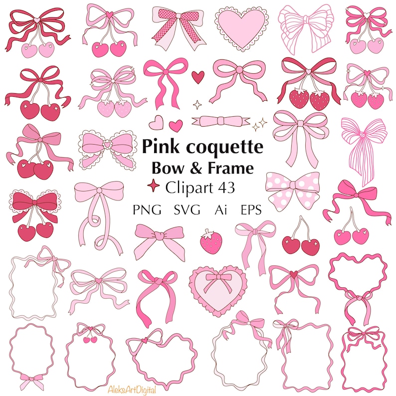Pink Coquette Bow Clipart: Cherry & Strawberry Ribbon Frames (SVG, PNG) - Etsy