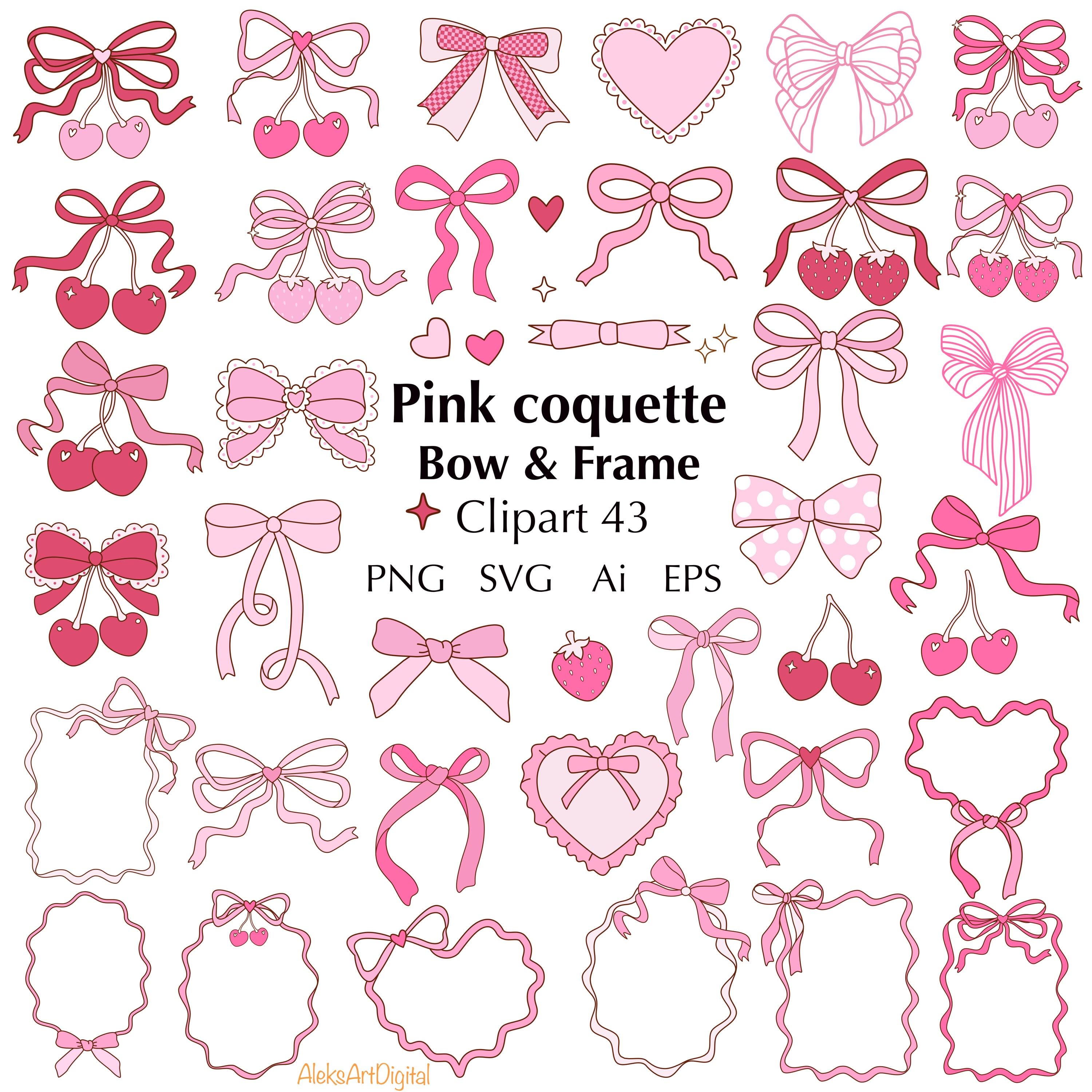 Pink Coquette Bow Clipart: Cherry & Strawberry Ribbon Frames (SVG, PNG ...
