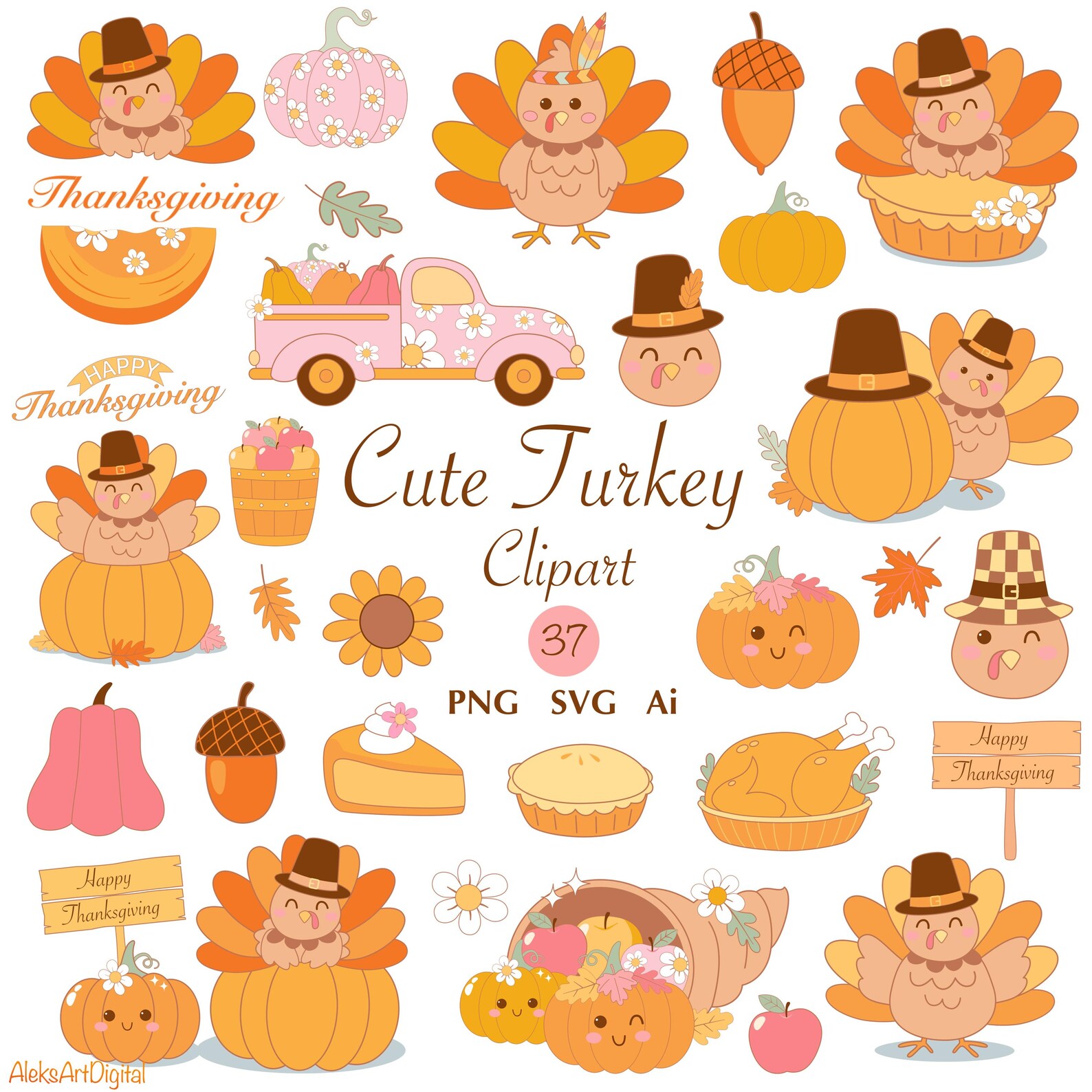 Turkey Clipart SVG Thanksgiving PNG Bundle Cute Turkey in Warm Autumn ...