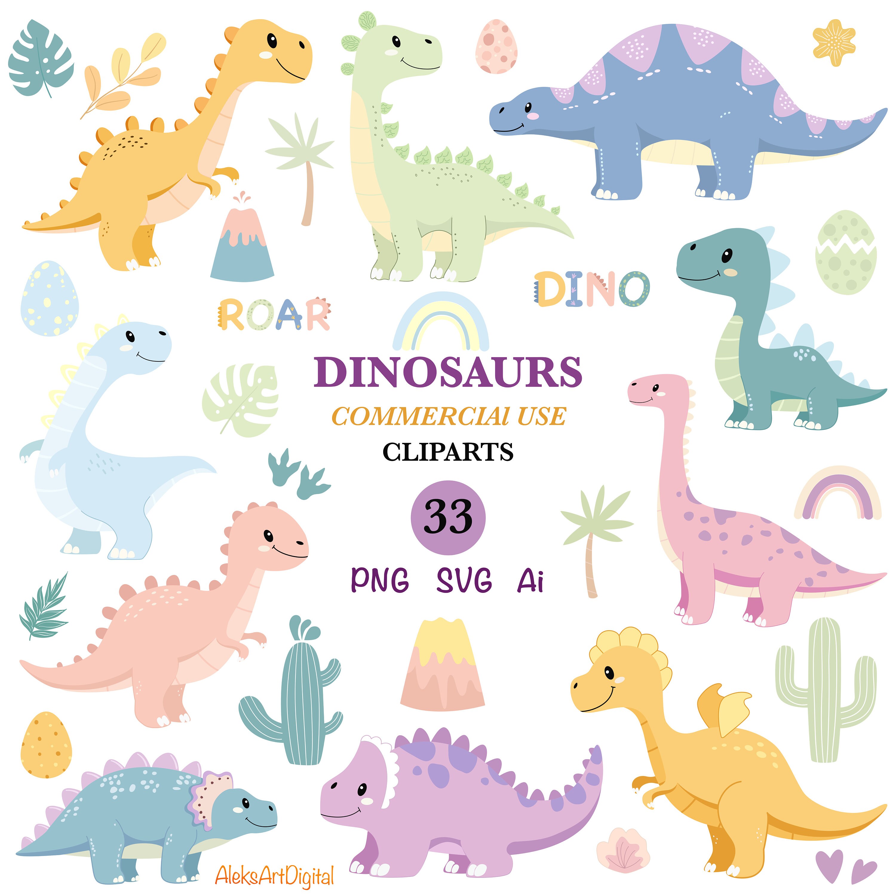 Dinosaurs Clipart, Pastel Colored Dinosaur Set PNG, Baby Dinosaurs ...
