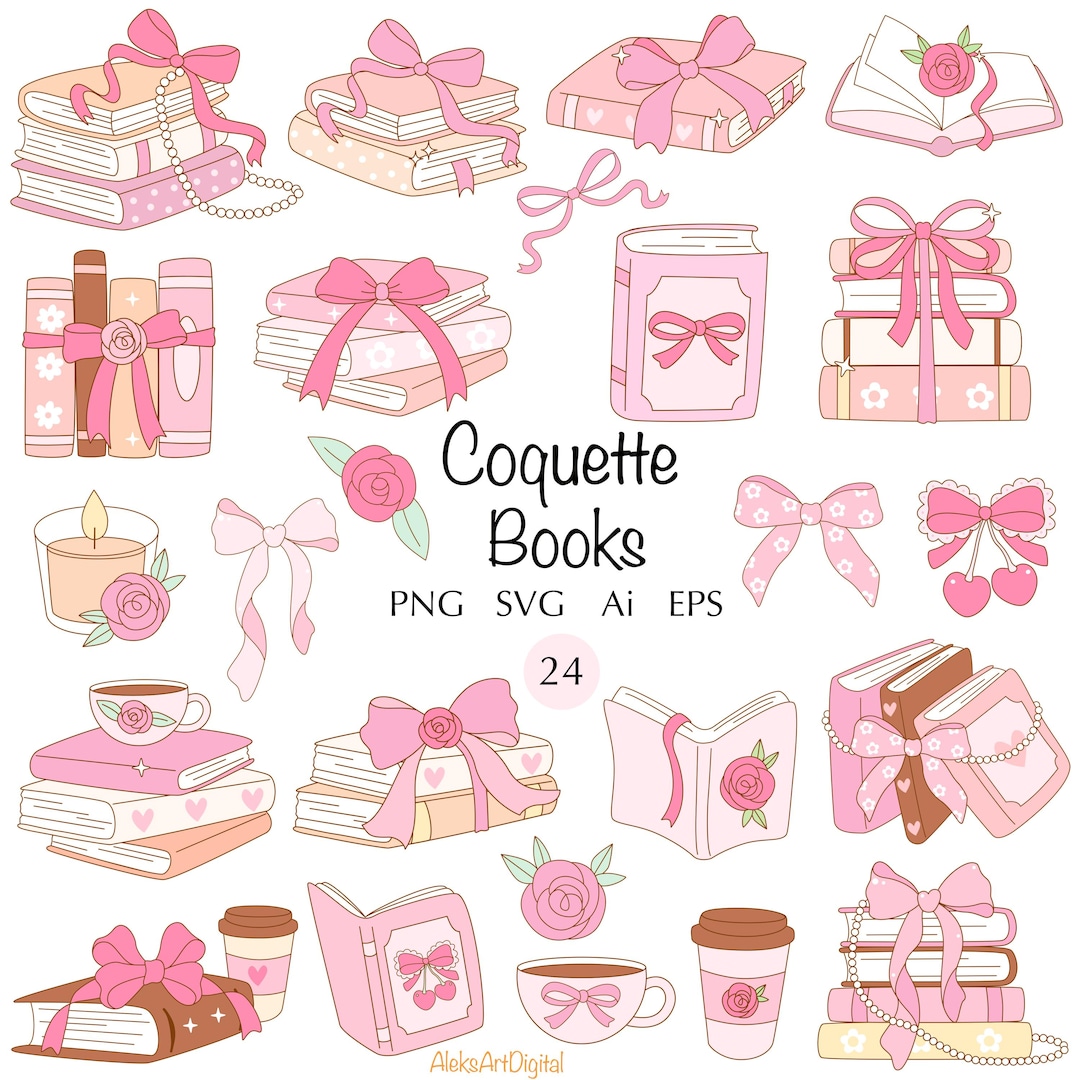 Coquette Books 24 SVG Clipart With Cute Pink Bows PNG Roses Pearl Beads ...