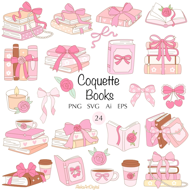 Coquette Books 24 SVG Clipart With Cute Pink Bows PNG Roses Pearl Beads ...