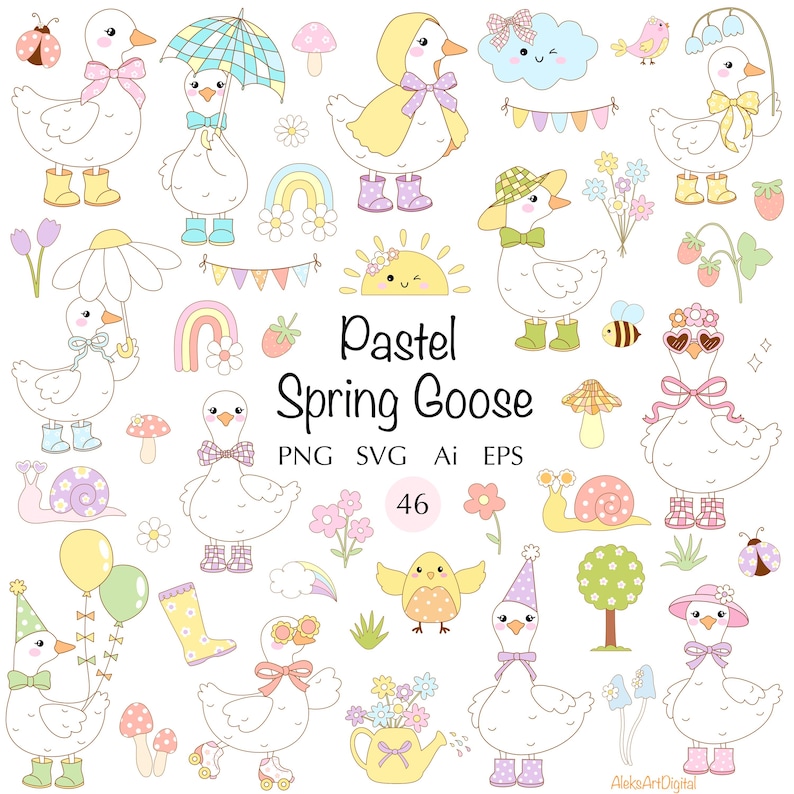 Cute Groovy Silly Goose Clipart Set 46 SVG PNG in Soft Pastel Colors ...