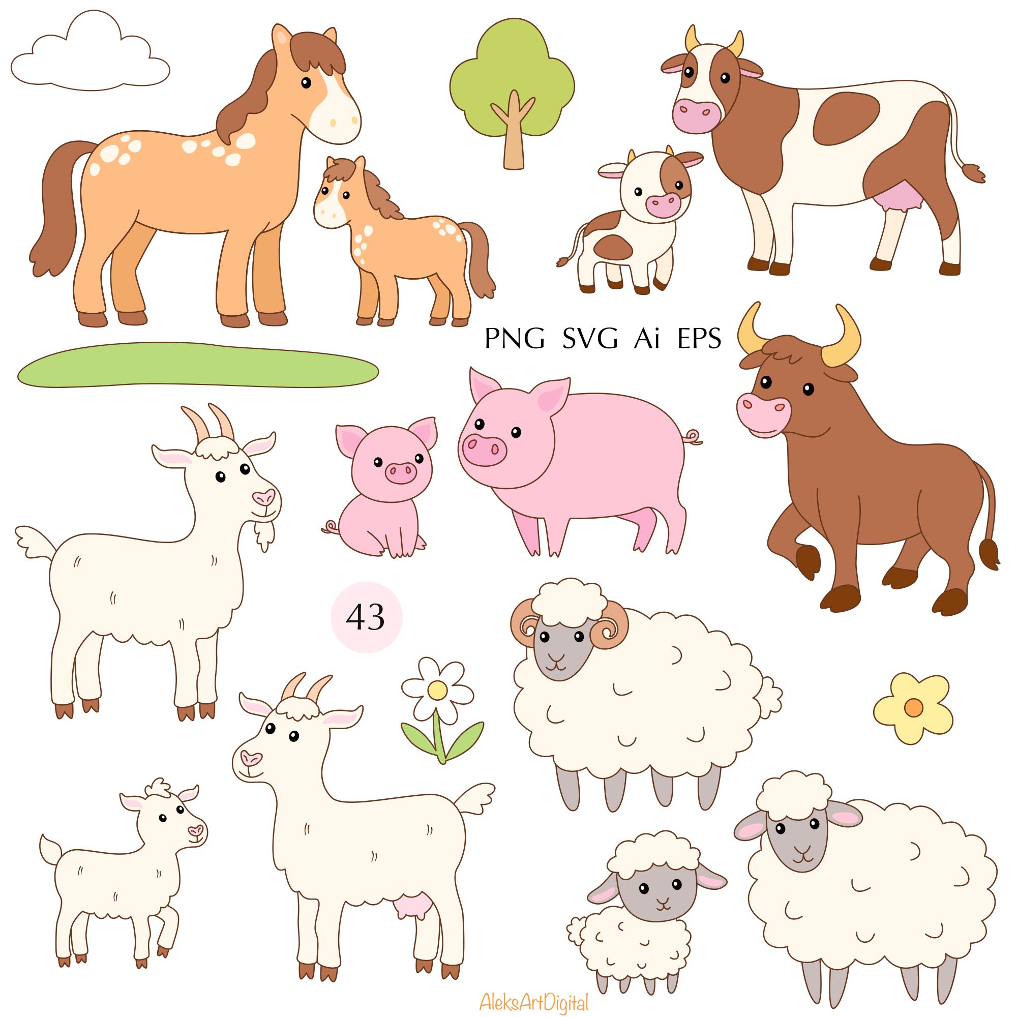 Farm Animals and Babies Clipart, Silhouettes PNG SVG, Educational ...