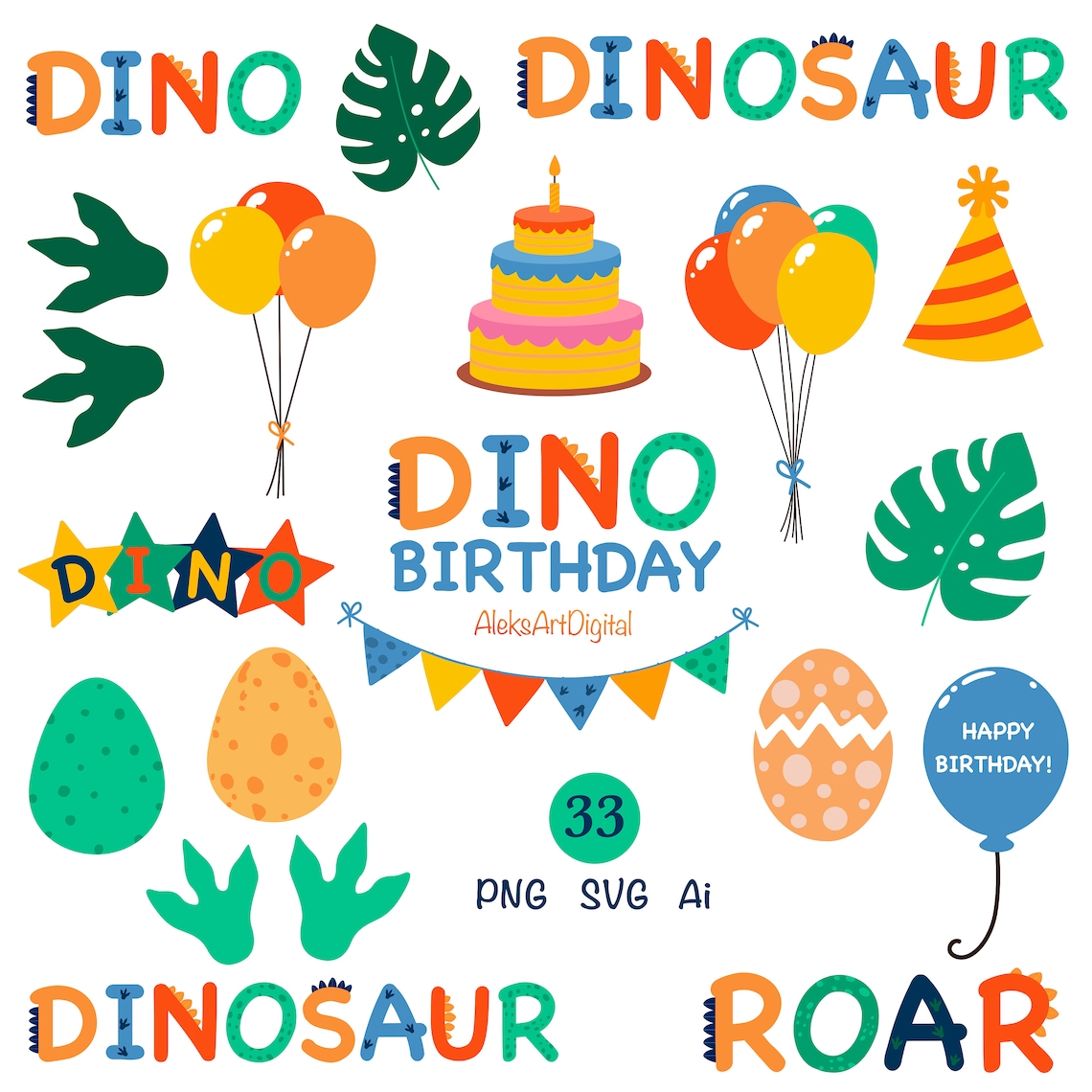 Dinosaur Birthday Clip Art SVG, Baby Dinosaur Bundle for Children's ...