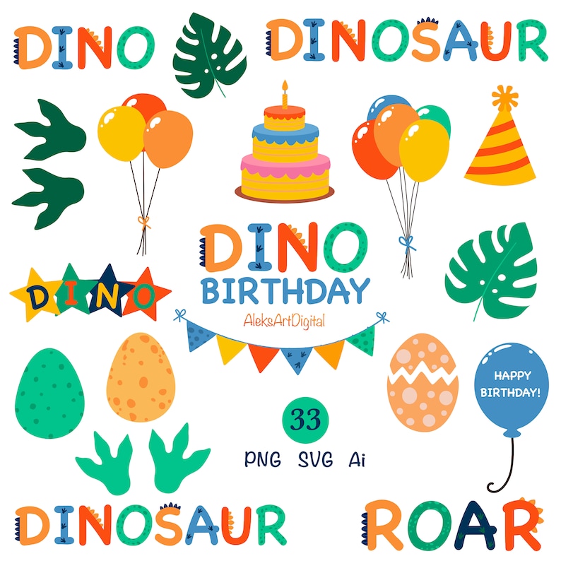 Dinosaur Birthday Clip Art SVG, Baby Dinosaur Bundle for Children's ...