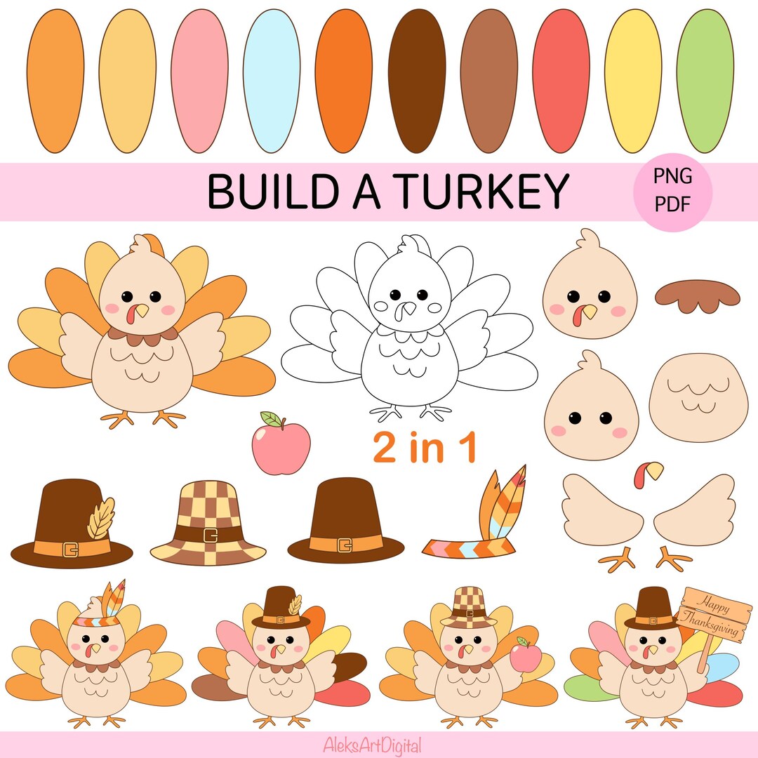 Build a Turkey Craft, Thanksgiving Clipart Set (PNG, PDF) - Etsy