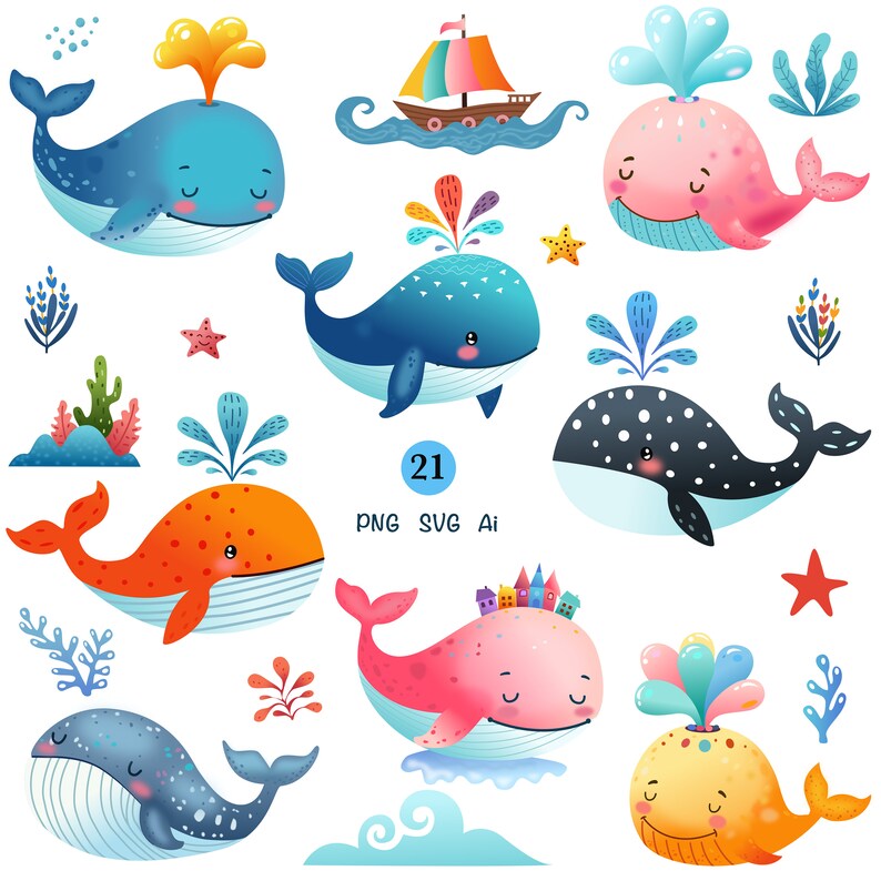Baby Whale Clipart SVG, Set of Cute Baby Whale PNG in Watercolor Style ...