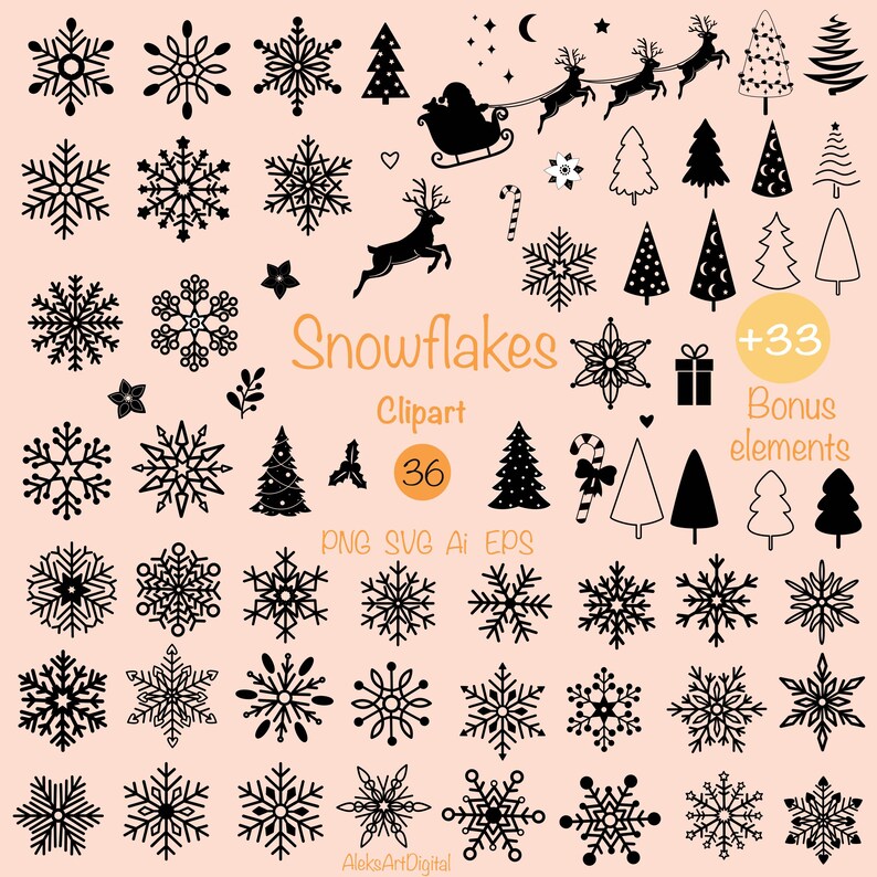 Christmas Snowflake Bundle 36 SVG + Bonus 33 Clipart Christmas Window ...