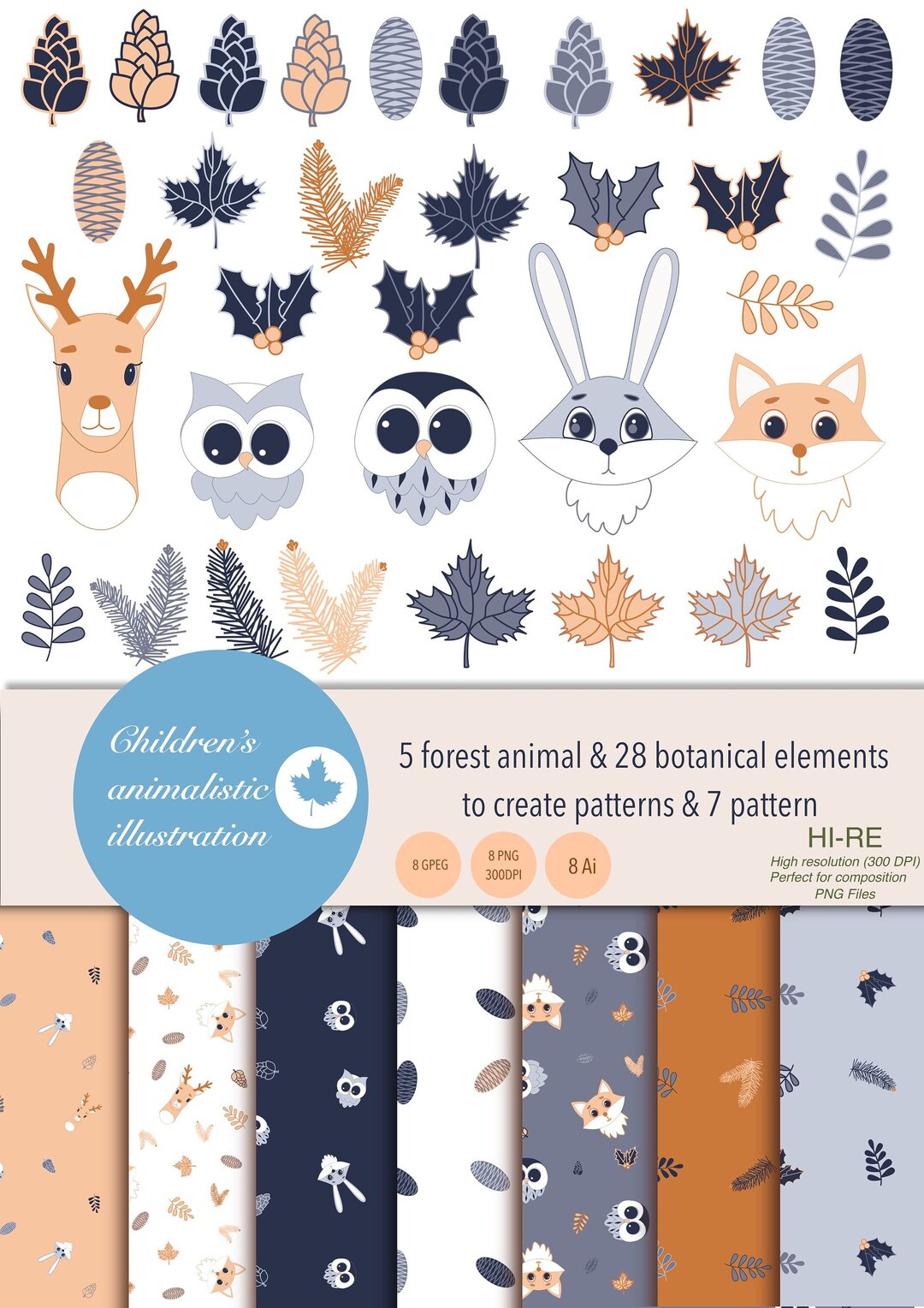 Forest Animals Set Fawn Owl Hare and Fox, Seamless Pattern of Autumn ...