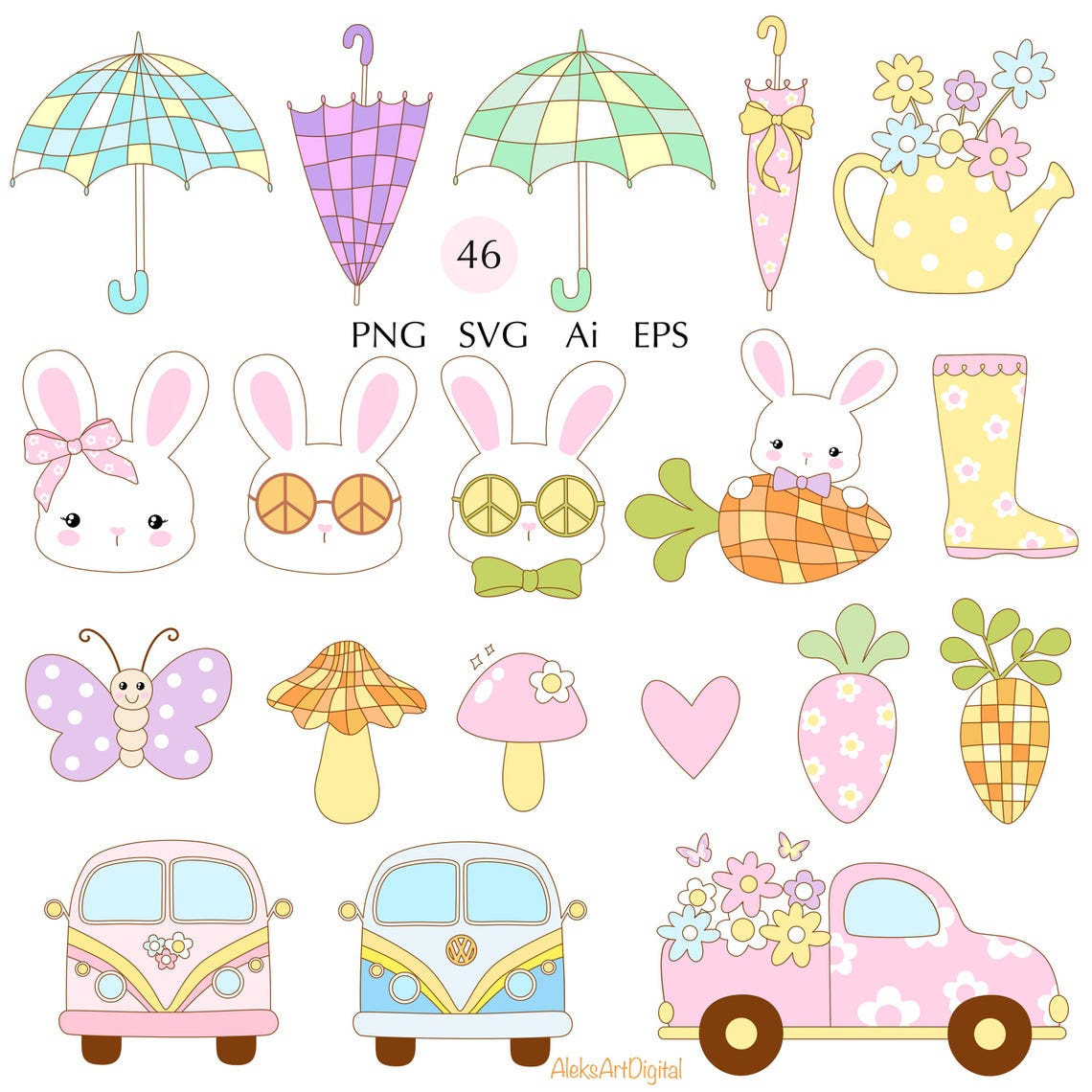 Retro Spring Clipart, Hippie Easter Bunny, Pastel Rainbow (SVG, PNG) - Etsy