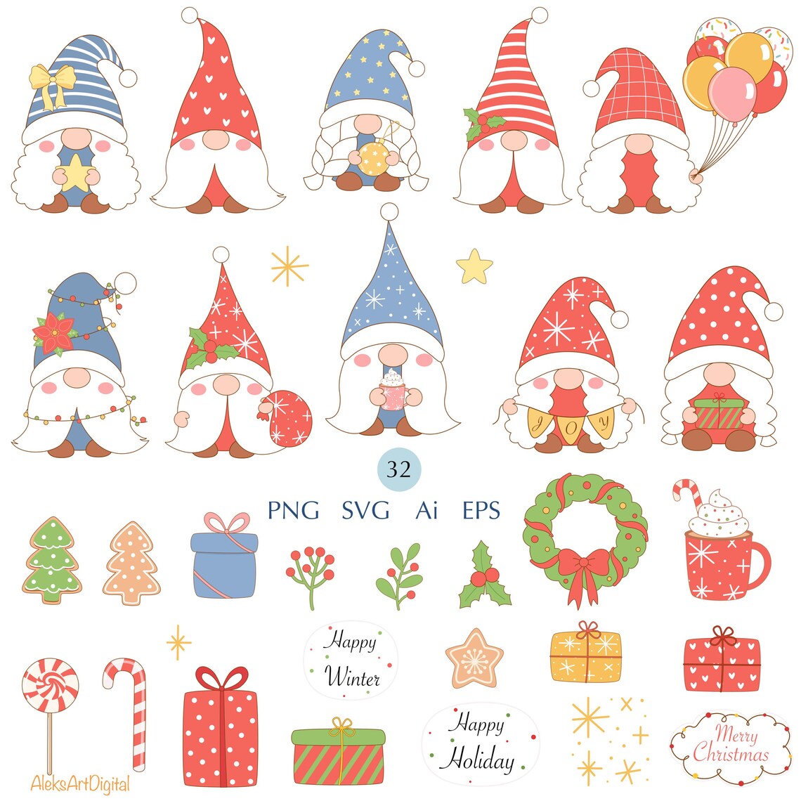 Christmas Gnomes Clipart: 32 Winter Holiday Vector Illustrations (SVG ...