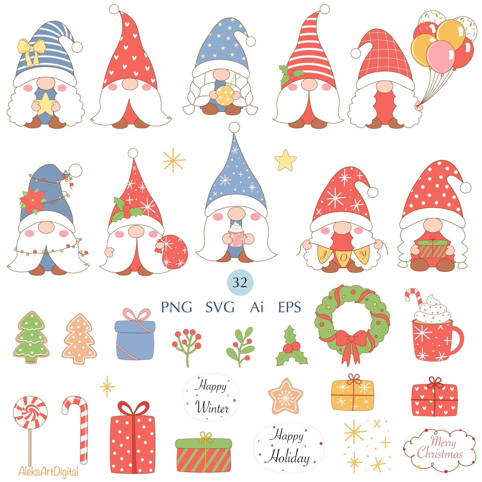 Christmas Gnomes SVG Clipart 32 Cute Winter New Year Holiday Gnomes PNG ...