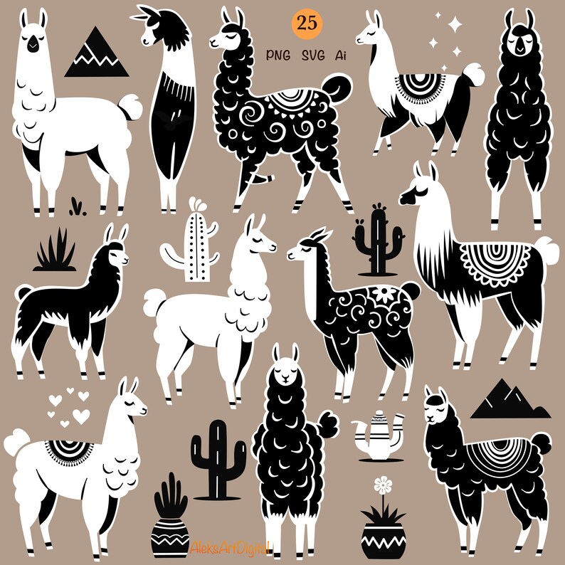 Alpaca Bundles SVG Black and White Graphic Image of Llamas. Set of 25 ...