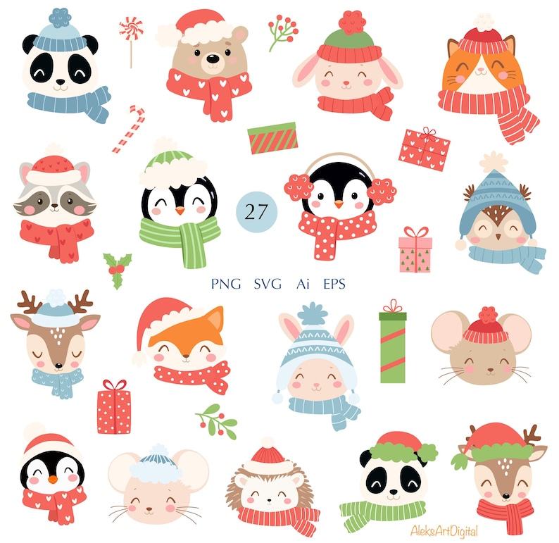 Cute Christmas Animal Faces Clipart SVG, 27 Vector Images of Cartoon ...