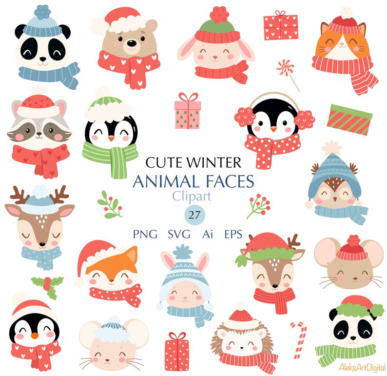 Christmas Animal Faces Clipart: 27 Winter Vector Images (PNG, SVG) - Etsy