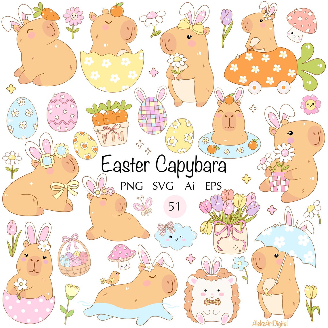 Easter Capybara Clipart Bundle: Retro Groovy Spring Graphics (SVG, PNG ...