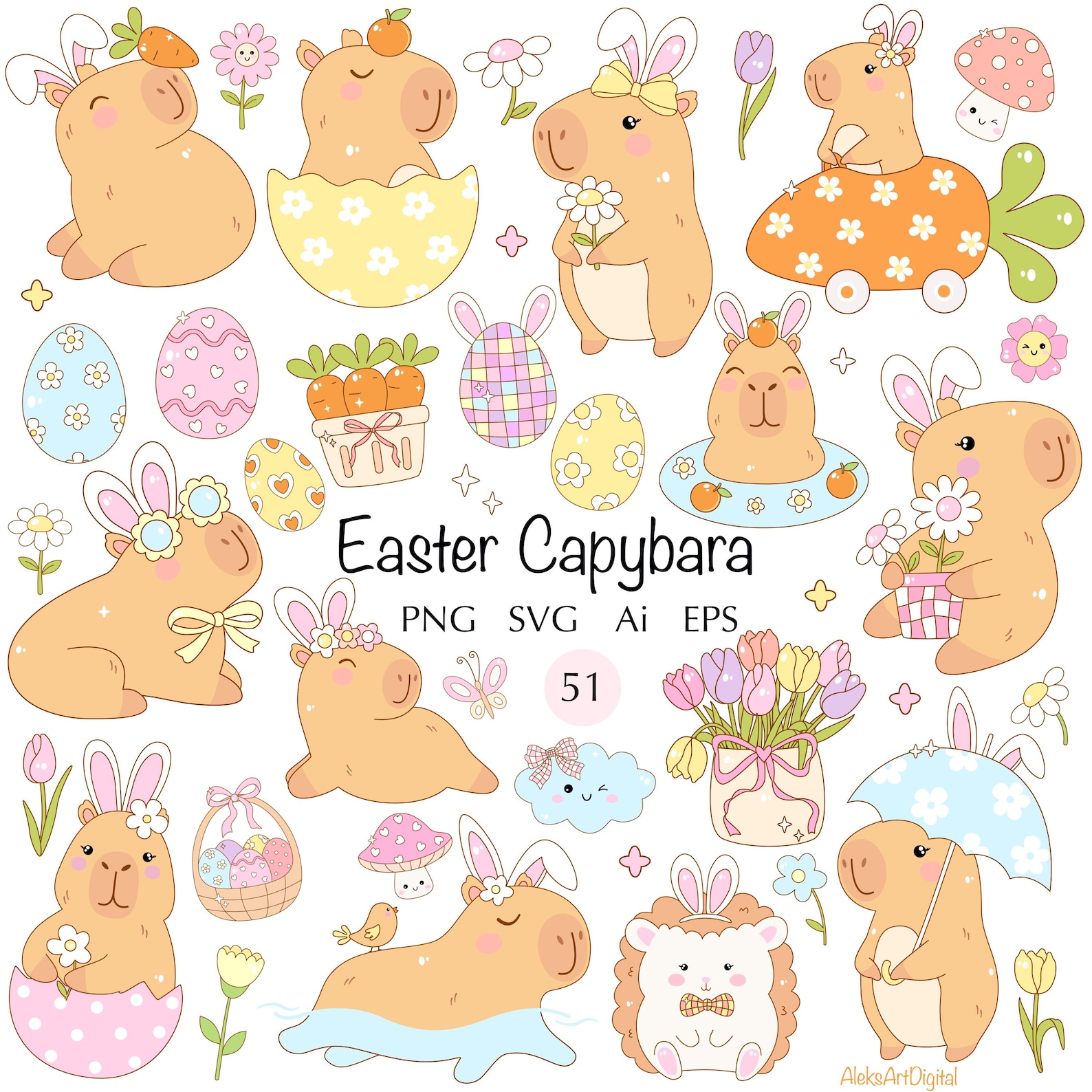 Easter Capybara 51 SVG Clipart Retro Groovy Spring Cute Kawaii Capybara ...