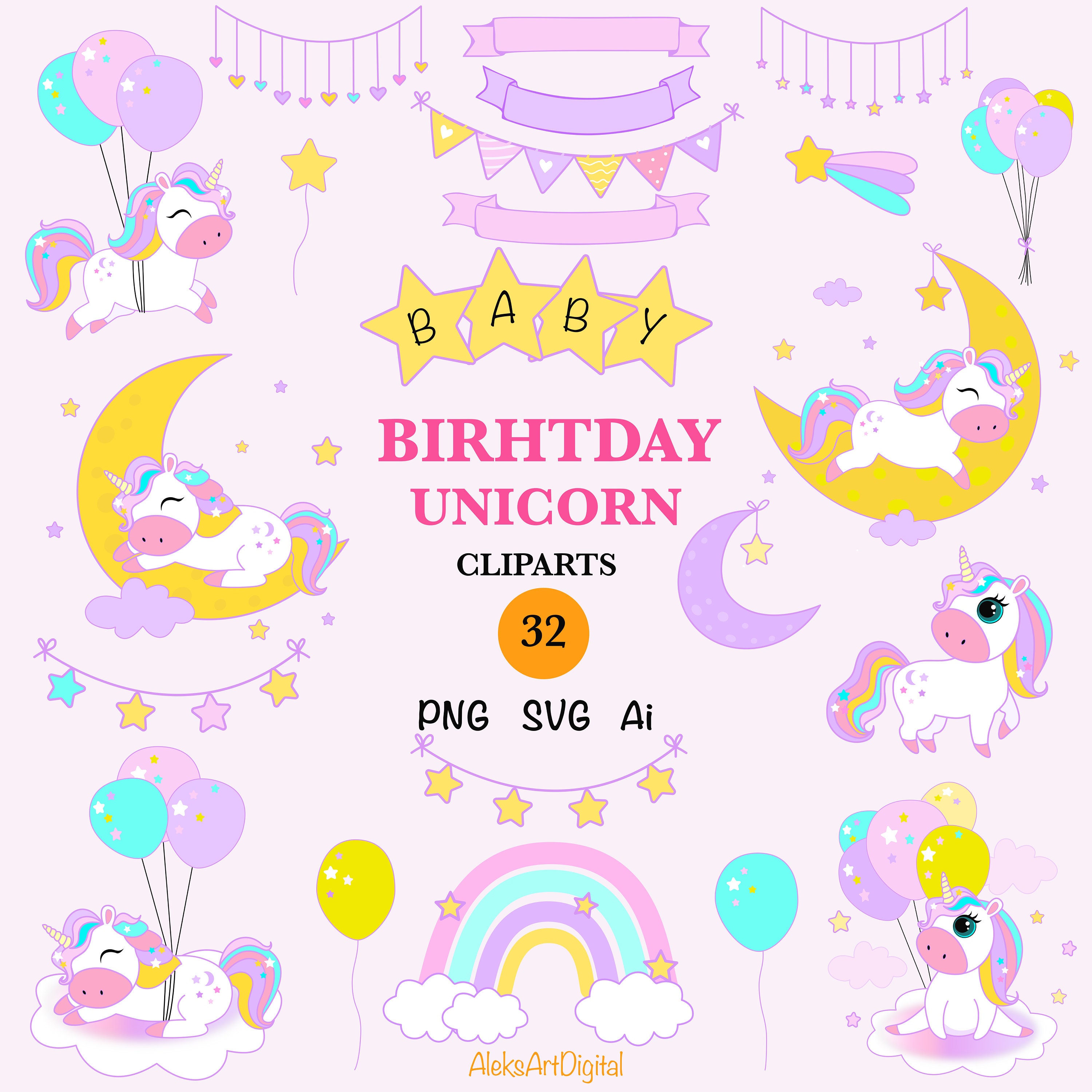 Unicorn Birthday Clipart SVG, Baby Shower Unicorn Set PNG With ...