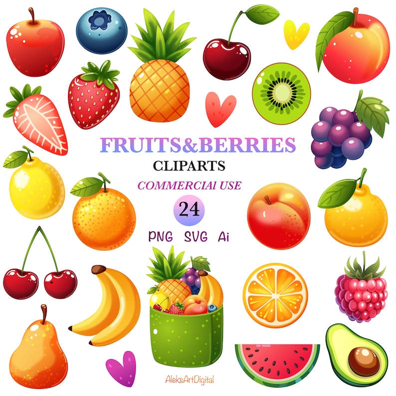 Fruits and Berries Illustration Bundle SVG, Fruit Drawing Set PNG ...