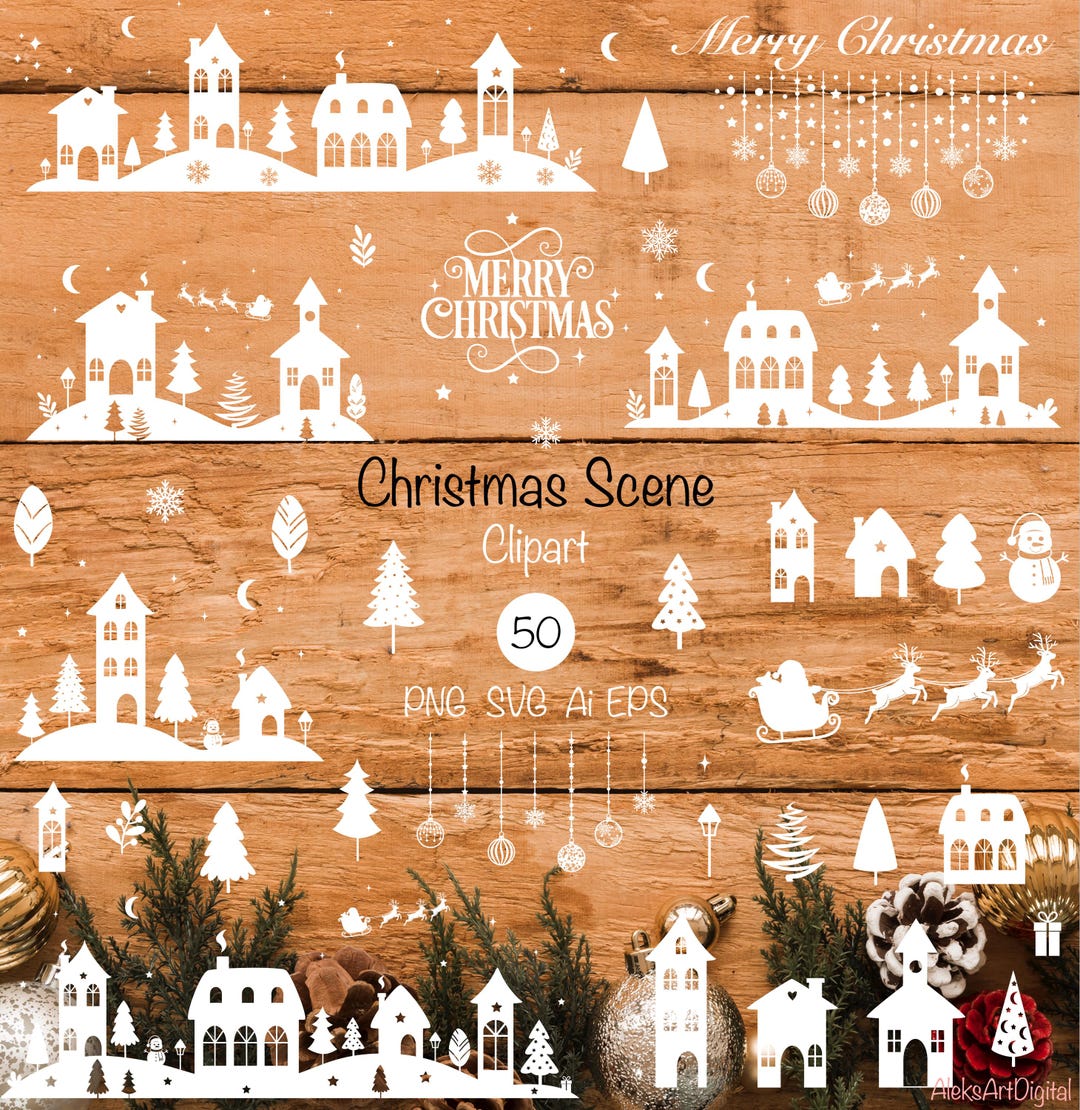 Christmas Scene SVG Clipart: Winter Village Vector Graphics (digital ...