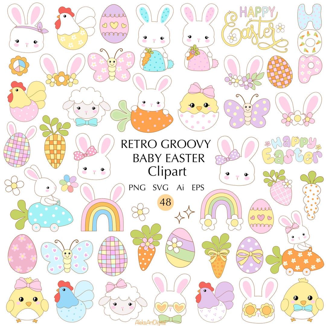 Retro Easter Clipart: Pastel Bunnies, Chicks, Lambs (SVG, PNG) - Etsy