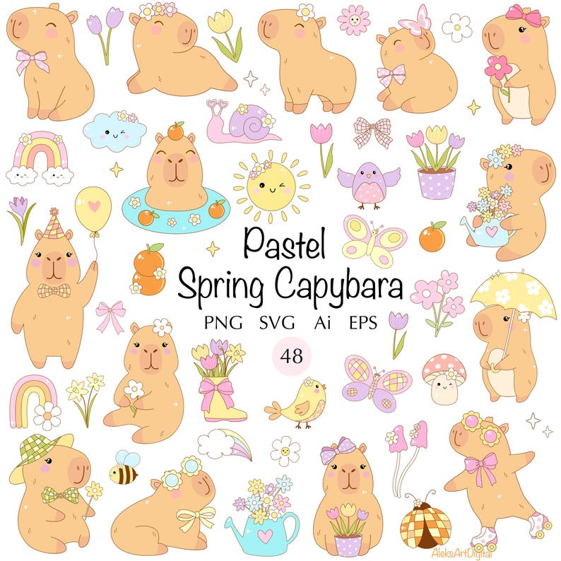 Retro Spring Capybara 48 SVG Pastel Colors, Cute Groove Cartoon Baby ...