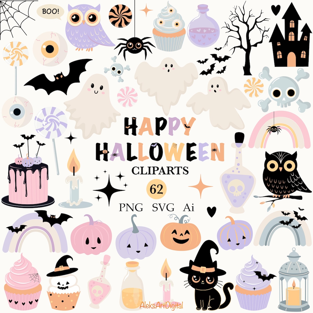 Pastel Halloween Clipart Bundle, Cute Ghosts, Pumpkins (SVG, PNG, AI ...