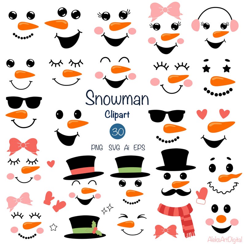 Snowman SVG Clipart, Winter Face of Cute Snowman PNG Bundle Merry ...
