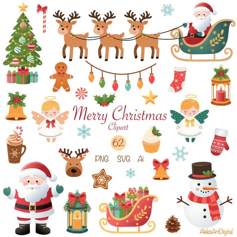 Cute Christmas Clipart SVG, Bundle PNG for the New Year Santa With ...