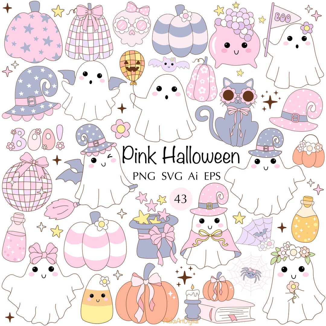 Pink Halloween Clipart: Retro Groovy Ghost SVG, PNG Bundle (digital ...