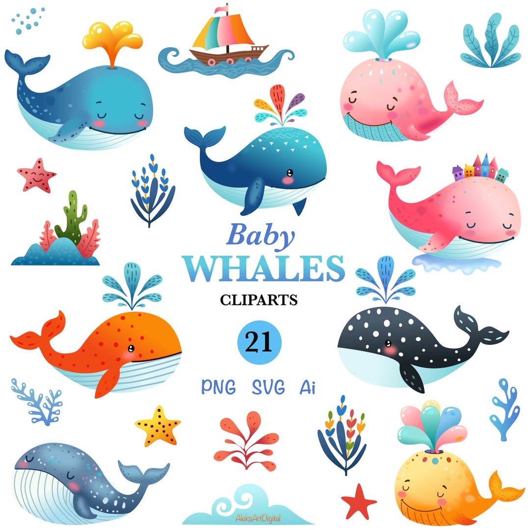 Baby Whale Clipart SVG, Set of Cute Baby Whale PNG in Watercolor Style ...