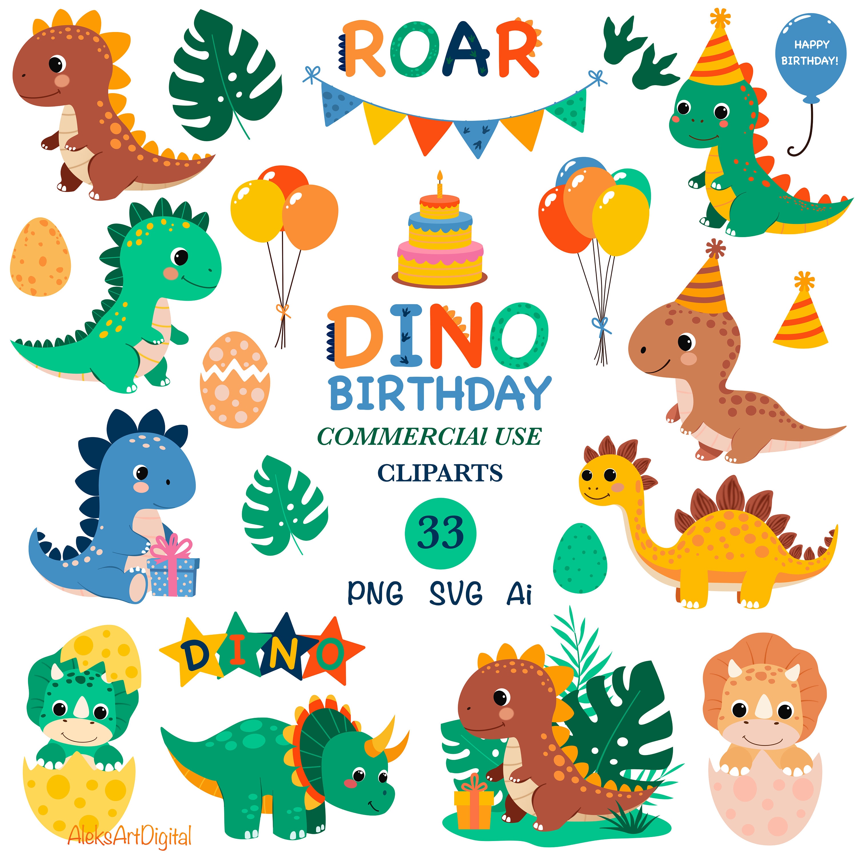 Dinosaur Birthday Clip Art SVG, Baby Dinosaur Bundle for Children's ...