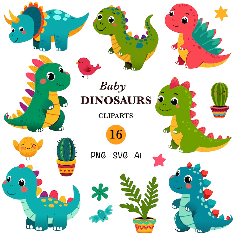 Dinosaur Clipart PNG, Baby Dinosaurs Svg Set of Cute Multi-colored Hand ...
