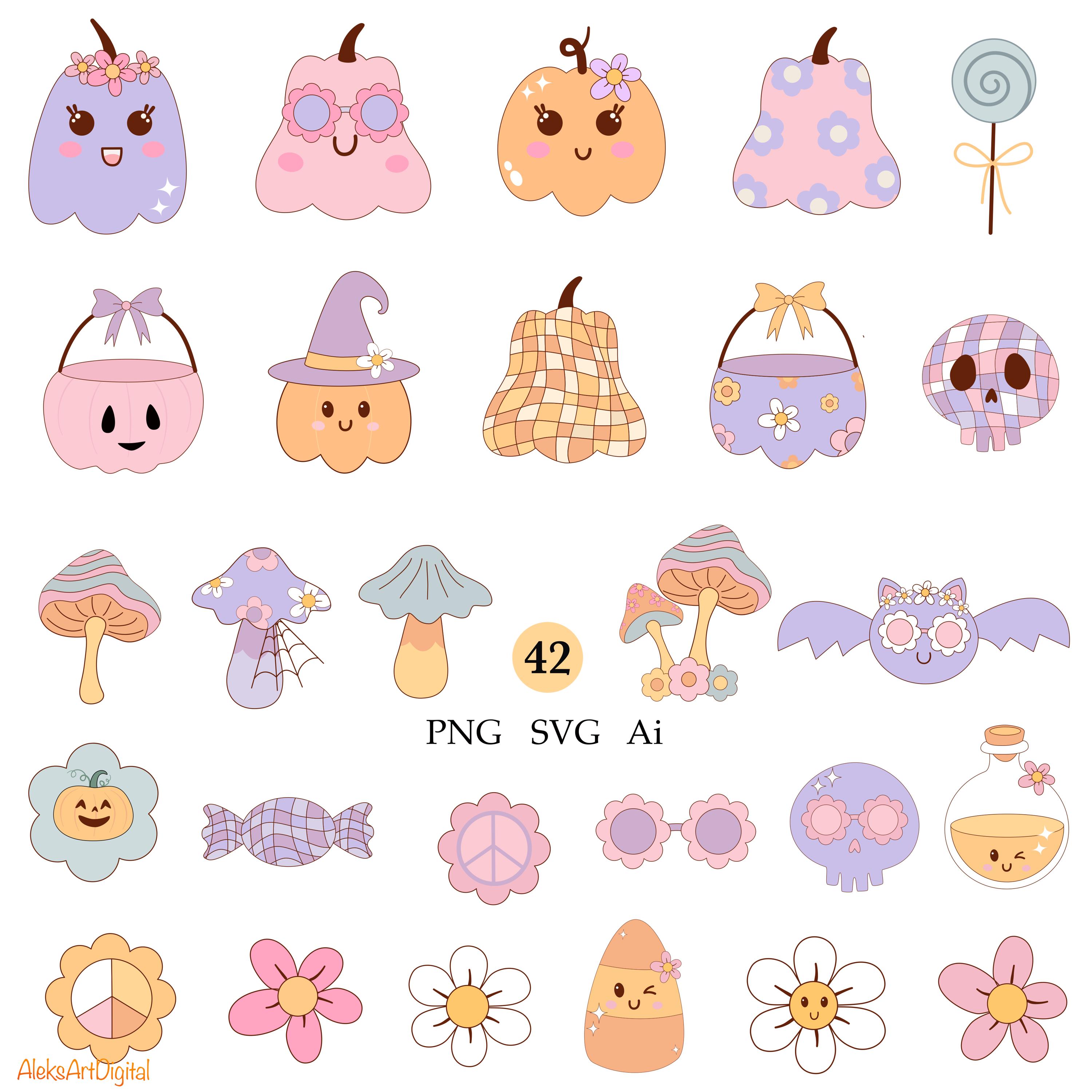 Groovy Halloween Clipart PNG Retro 70s Style, Bundle of Digital Graphic ...