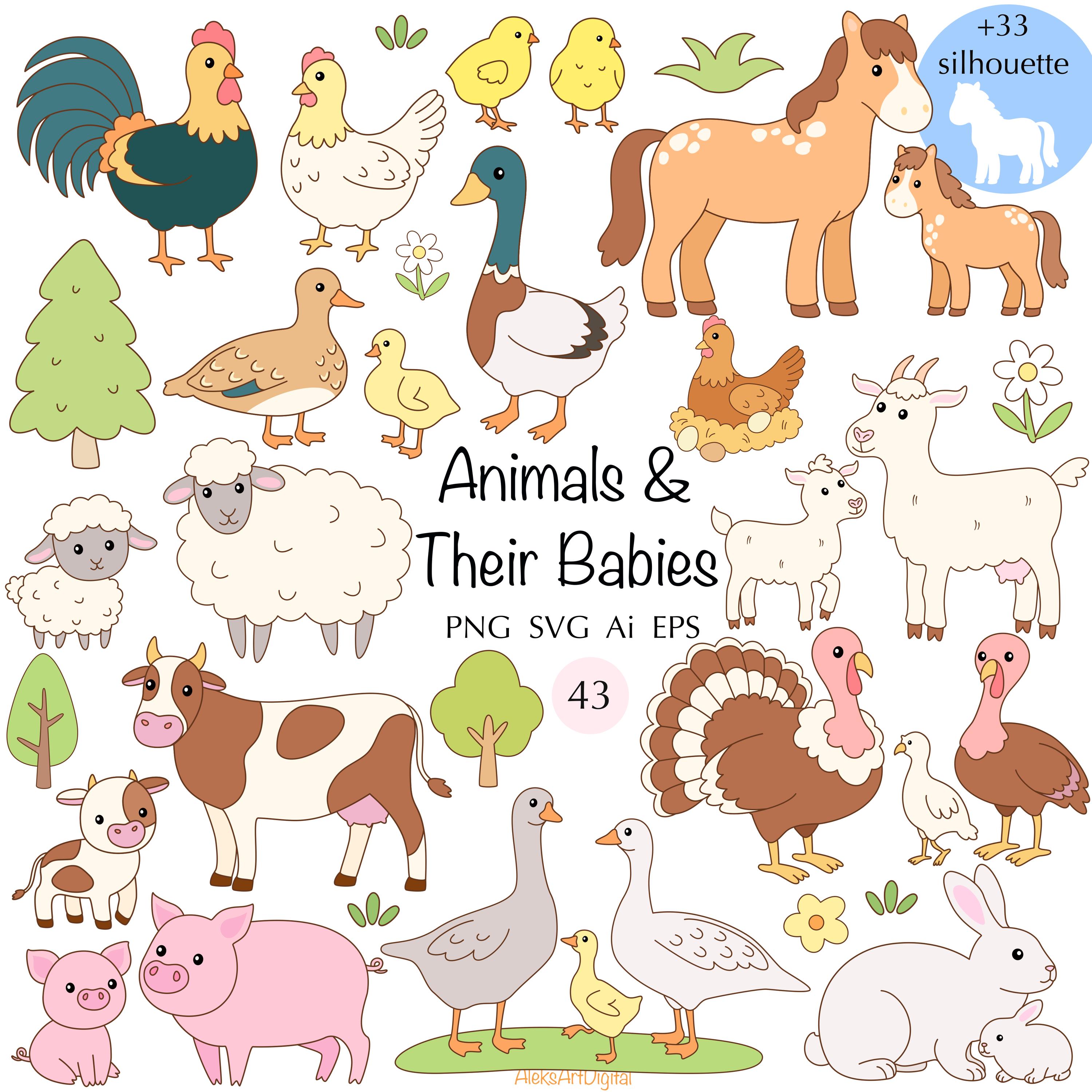 Farm Animals and Babies Clipart, Silhouettes PNG SVG, Educational ...