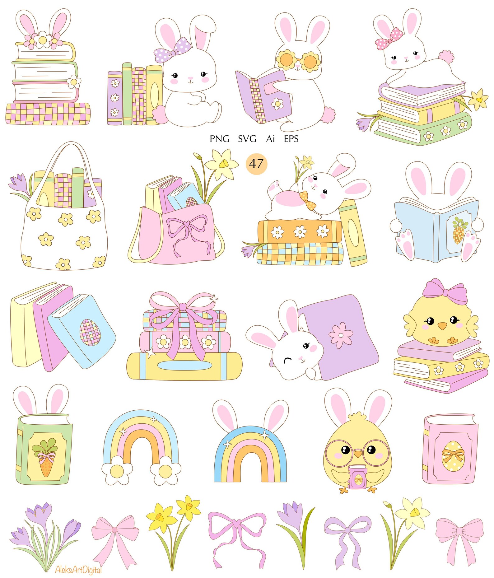 Groovy Easter Bookish Clipart: Pastel Bunnies, Books, Eggs (digital ...