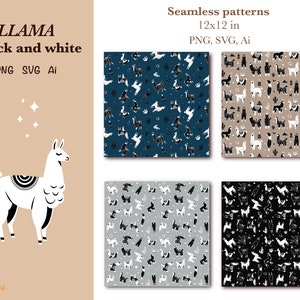Llama Clipart: Black and White Alpaca PNG SVG, Seamless Patterns - Etsy