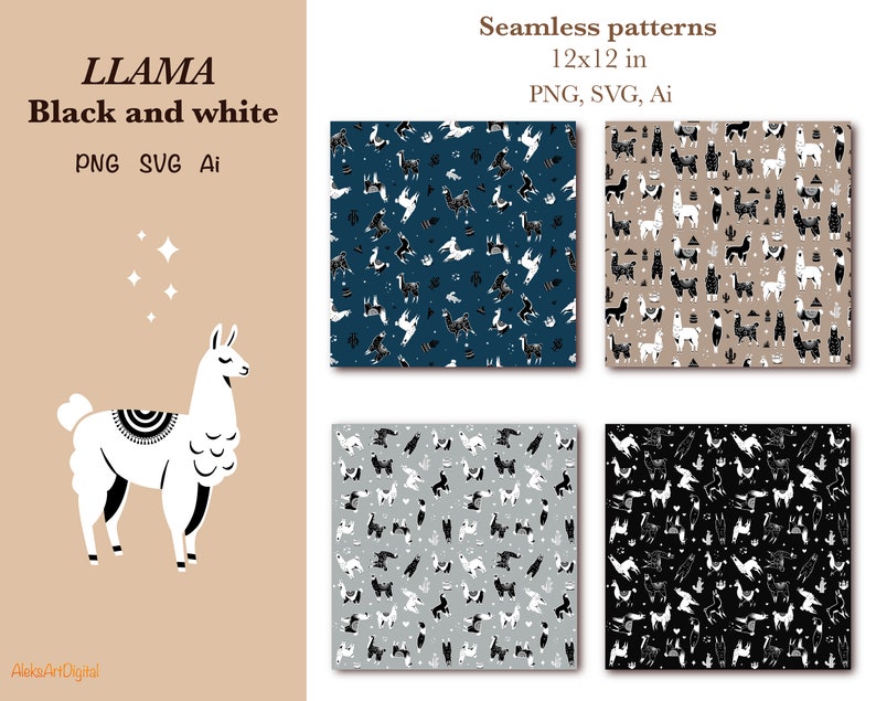 Alpaca Bundles SVG Black and White Graphic Image of Llamas. Set of 25 ...