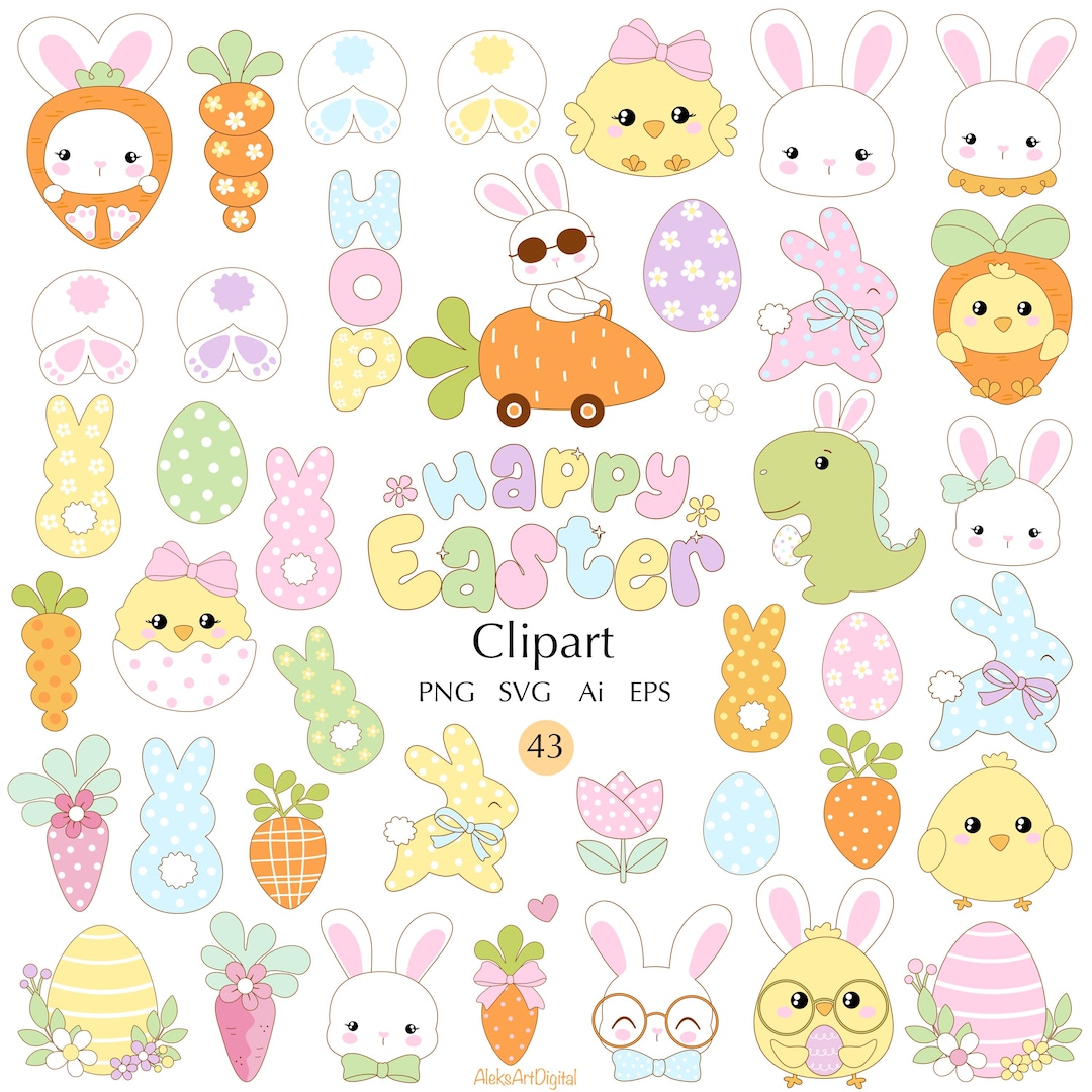 Easter Clipart: Bunny, Chick, Eggs - Pastel Spring PNG SVG (digital ...