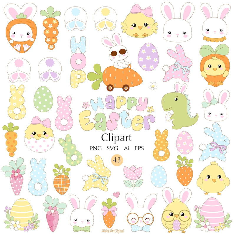 Easter Clipart: Bunny, Chick, Eggs - Pastel Spring PNG SVG (digital ...