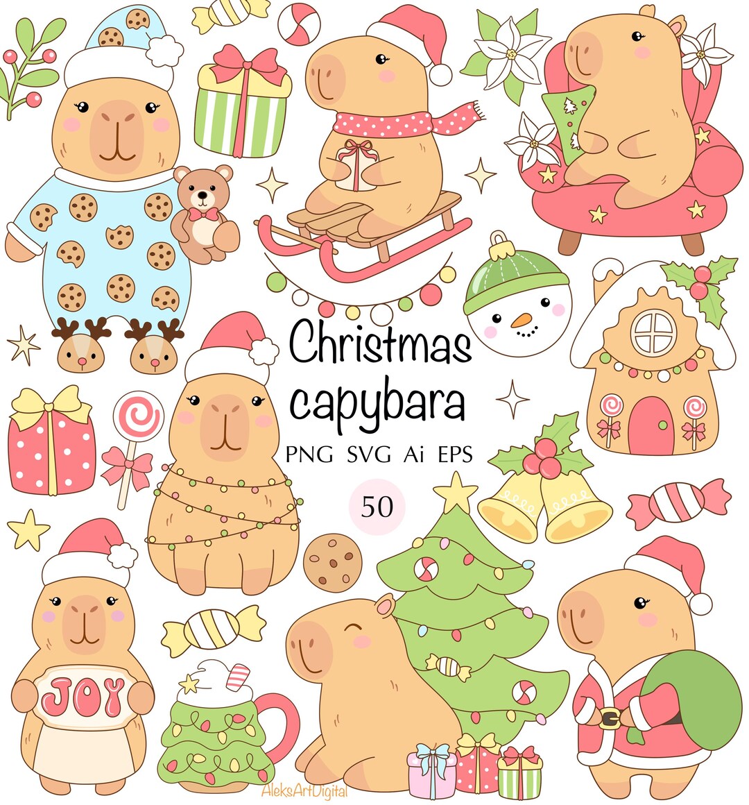 Christmas Capybara Clipart Set, Kawaii Holiday Animals (PNG SVG EPS Ai ...